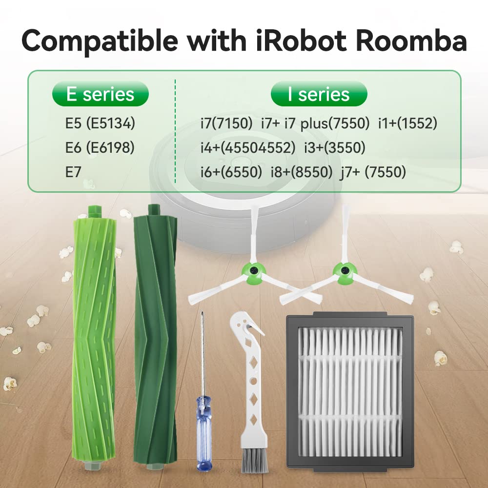 Replacement Parts for iRobot Roomba i7 i7+ i3 i3+ i4 i4+i6 i6+ i8 i8+/Plus E5 E6-2 Sets of Multi-Surface Rubber Brushes, 8 Filters, 8 Edge-Sweeping Brushes - Efficient Cleaning and Maintenance