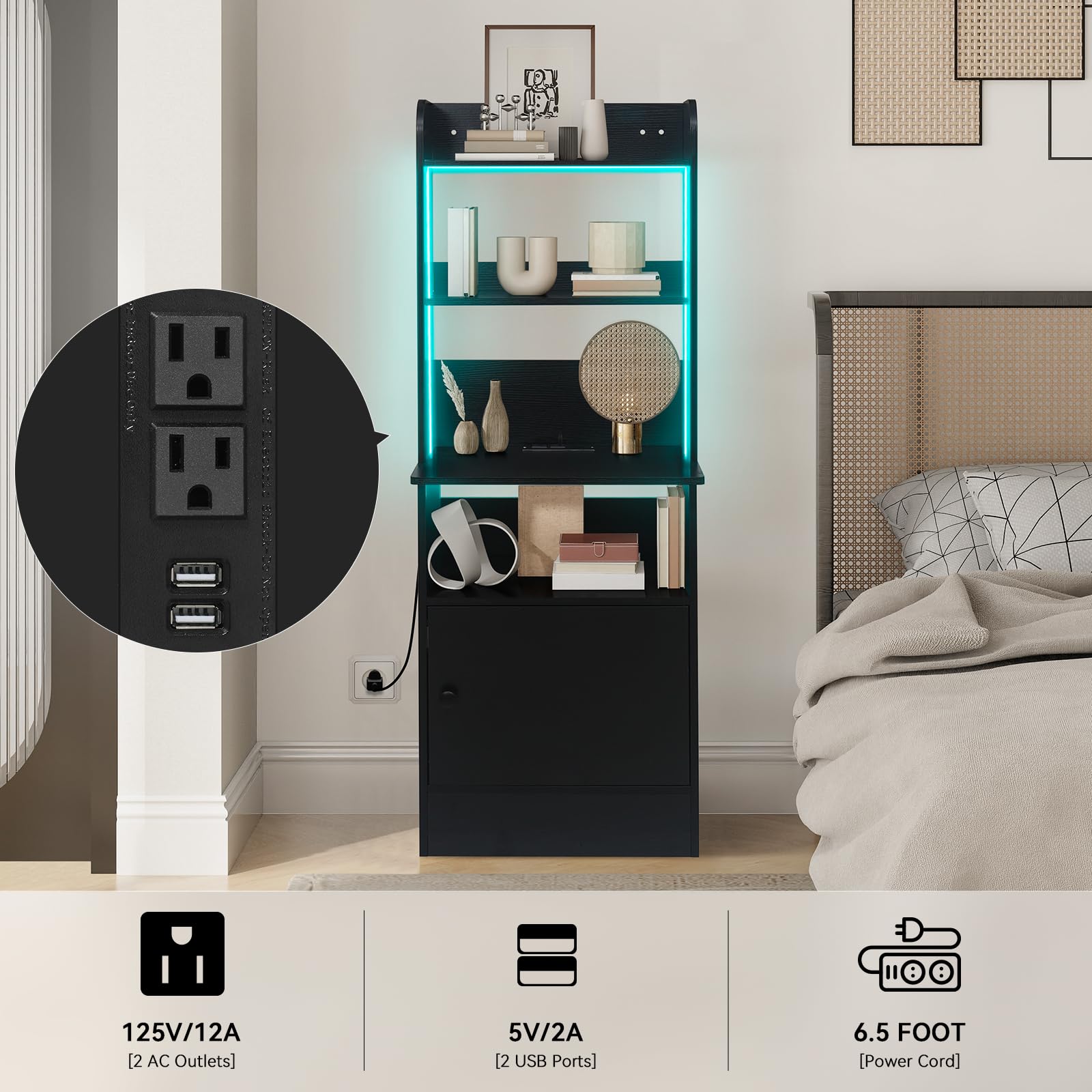 ARTETHYS Tall Nightstand Set of 2 with Charging Station and LED Light 47" Black Night Stand with Storage and Adjustable Bookshelf for Bedroom, Home Office