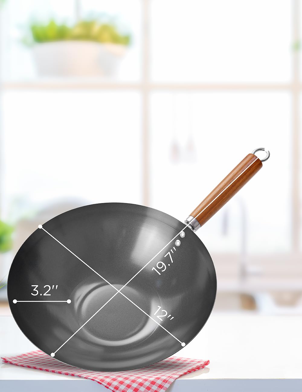 Commercial CHEF 12" Carbon Steel Wok with Acacia Wood Handle, Non Stick Stir Fry Pan with Ceramic Coating, Safe for Any Cooktop or Grill, Lighter and Cools Faster than Cast Iron
