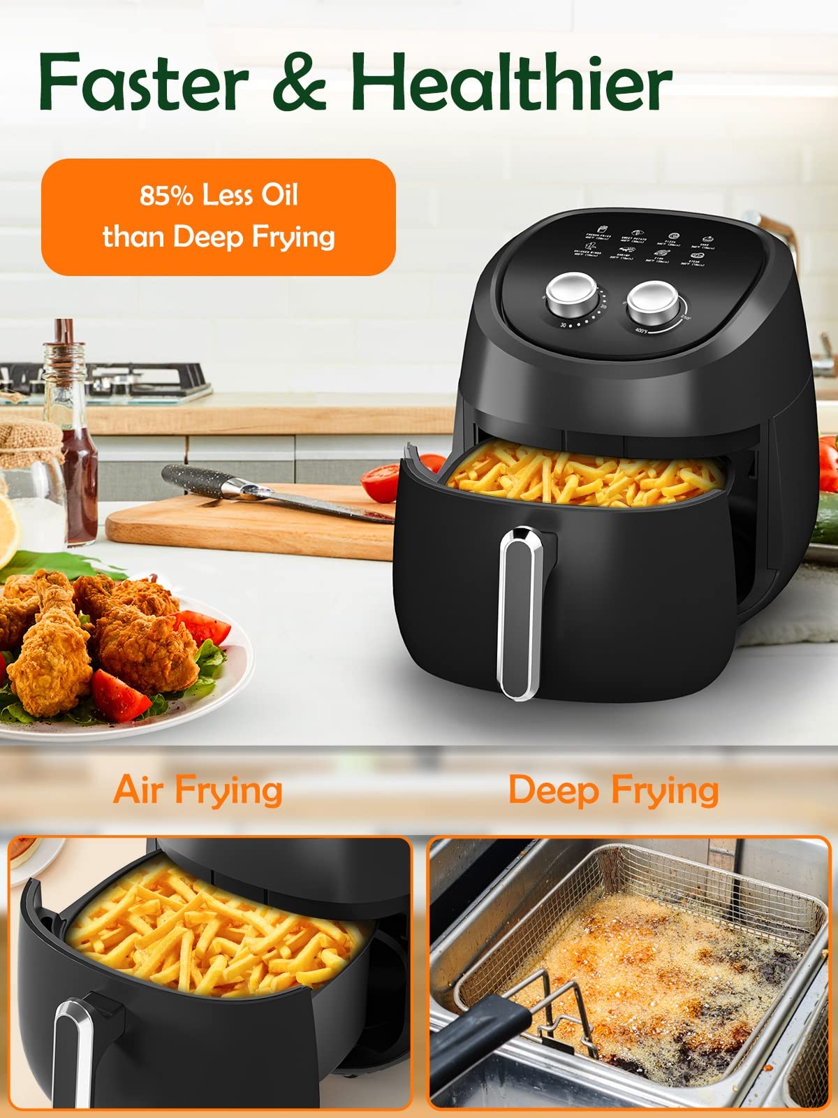 Air Fryer 8 Preset Menus 4.5 QT Airfryer Easy to Use with Adjustable Temperature Control with 8 Cooking References Nonstick Tray Auto Shutoff 1400W Hot Air Fryer Black