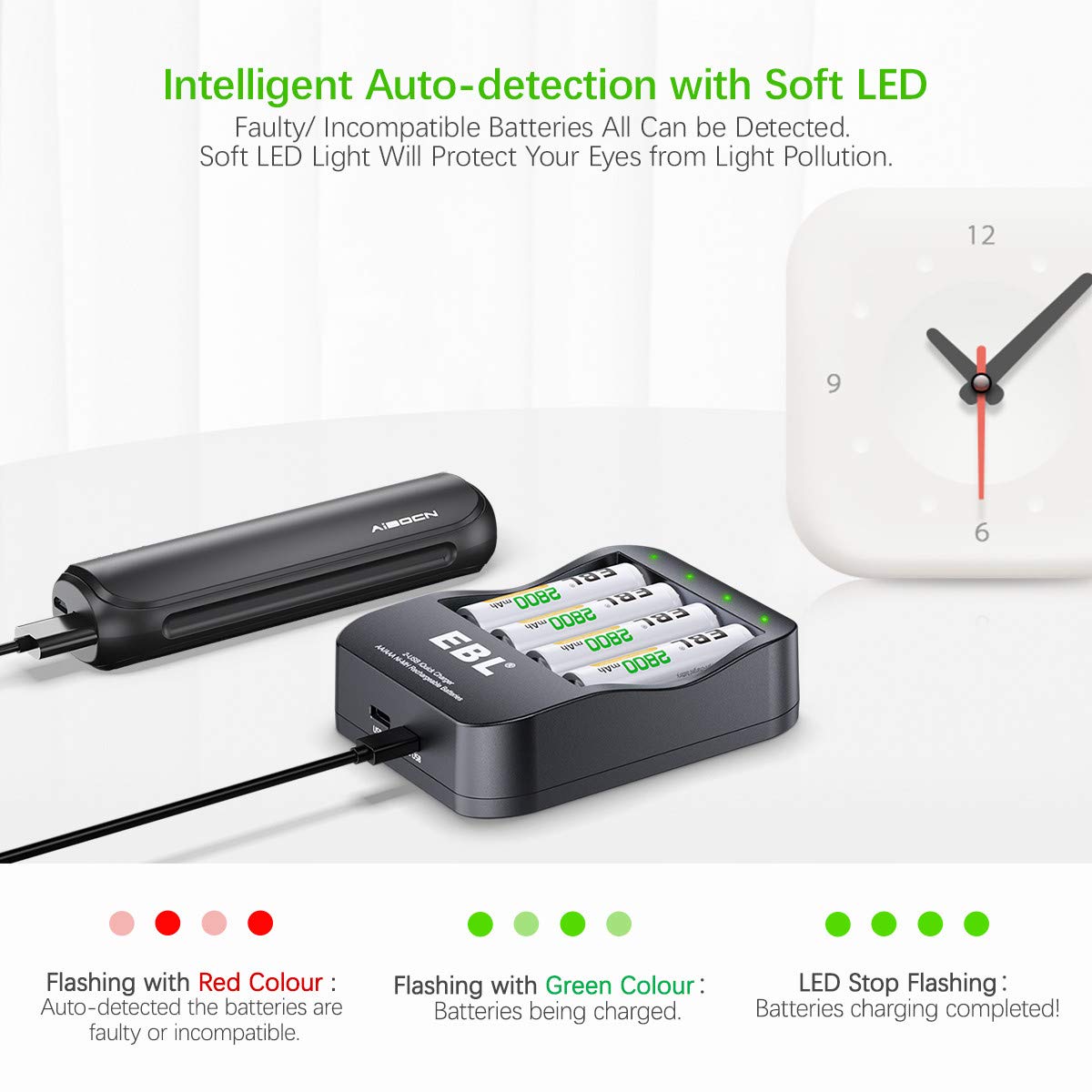EBL Smart AA AAA NiMH Rechargeable Battery Charger - 2A USB Charging Port 2 Hour Quick Charger