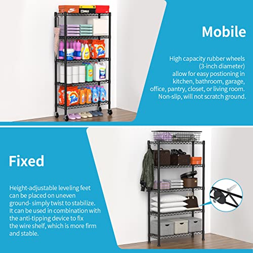 Hodonas 5-Tier Storage Shelves with Wheels, Freestanding Metal Shelves for Storage Wire Shelving Unit Storage Shelf, Metal Shelving Rack for Pantry Garage Kitchen Storage, Black, 36"W x 14"D x 75"H …