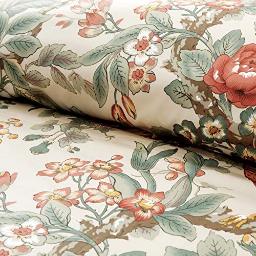 Eikei Home Chinoiserie Chic Peacock Floral Duvet Cover Paradise Garden Botanical Bird and Tree Branches Vintage Stylized Long Staple Cotton Bedding Set (Autumn Red, King)