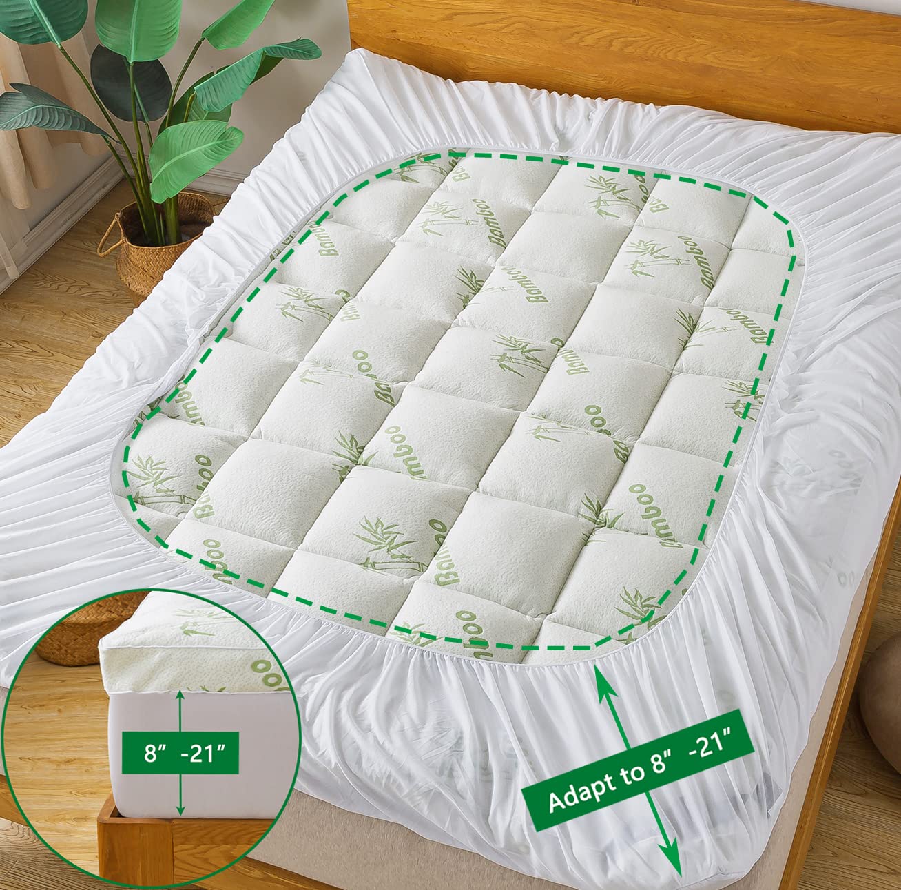 Bamboo_Viscose Mattress Topper Queen Size, Cooling Extra Thick Breathable Mattress pad, 8-21”Deep Pocket Soft Quilted Fitted Mattress Cover with Down Alternative Fill