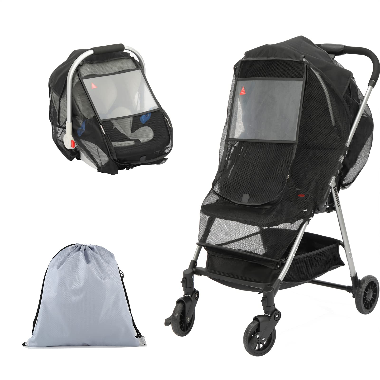 BAYWYI 3 in 1 Sun Shade and Mosquito Net for Stroller Sun Protection, Versatile Universal Double Zipper Baby Mosquito Net -