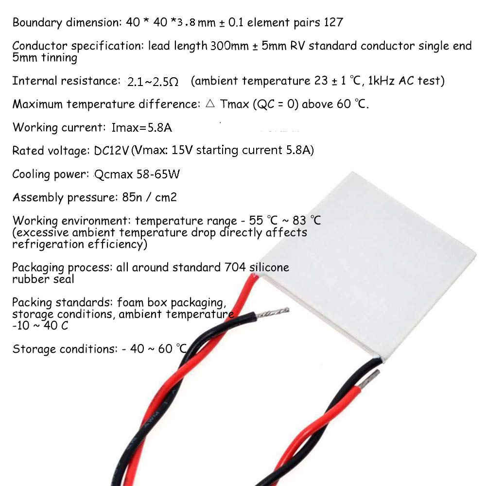 Acxico 2Pcs TEC1-12706 Semiconductor Refrigeration Tablets Heatsink Thermoelectric Cooler Cooling Peltier Plate Module 40x40MM