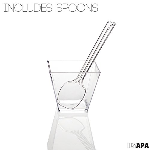 Ilyapa 100 x 2oz Mini Plastic Dessert Cups with Spoons - Dessert Shooter Plastic Glasses, Elegant Mini Appetizer Cups for Chocolate & Cheesecake, Mini Tumbler Square Cup, Puddings, Mousse, Parfaits