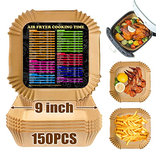 Air Fryer Disposable Paper Liner Square, 150Pcs 9 Inch Large Air Fryer Paper Liner, Non-stick Parchment Paper Pads Oil Resistant, Waterproof, Food Grade Baking Paper for Roasting Microwave
