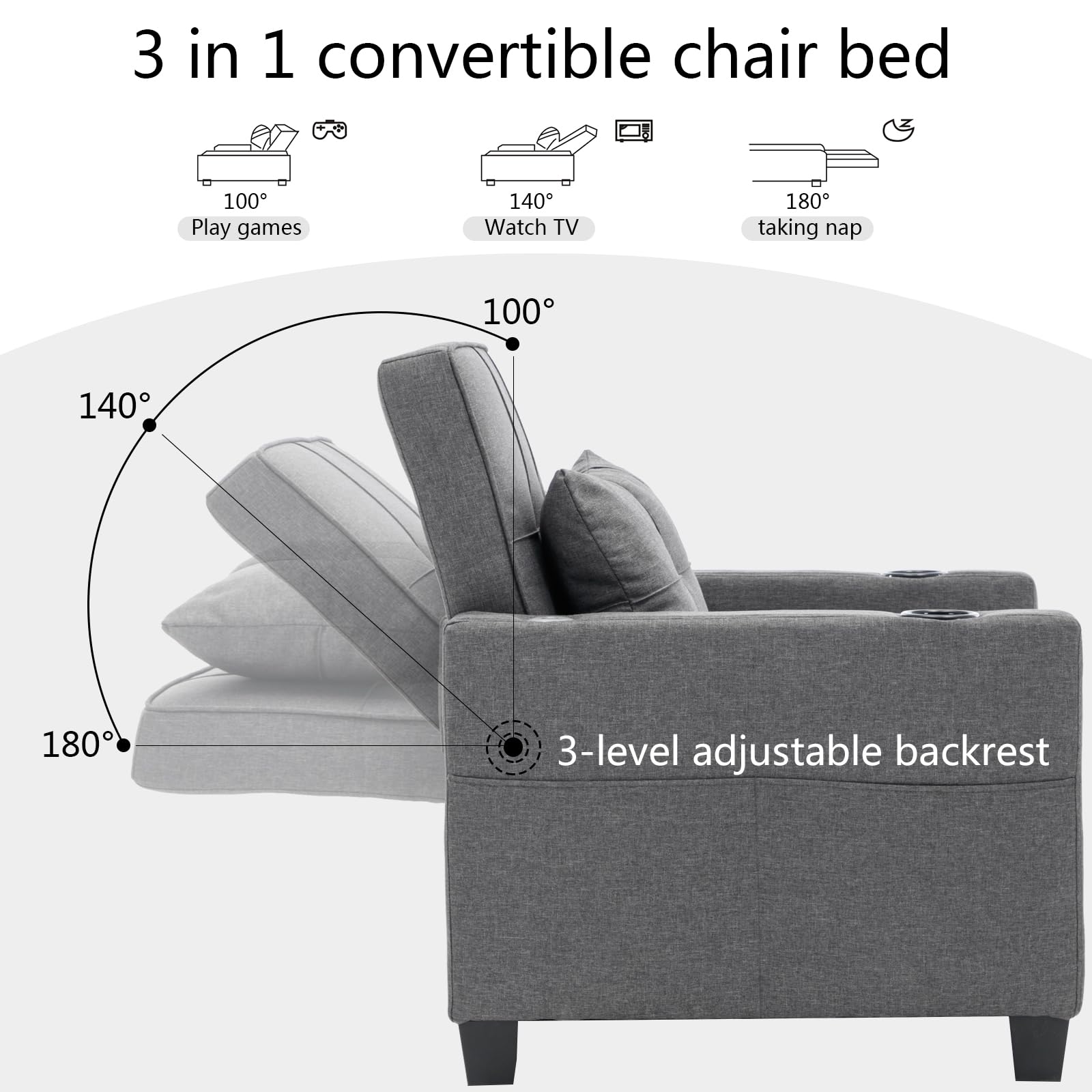 Purgreen Linen Sofa Futon Chair, Convertible 3-in-1 Pull Out Sleeper Chair Bed with USB Ports and Complimentary Pillow - Elegance, Comfort and Versatility in One, Grey