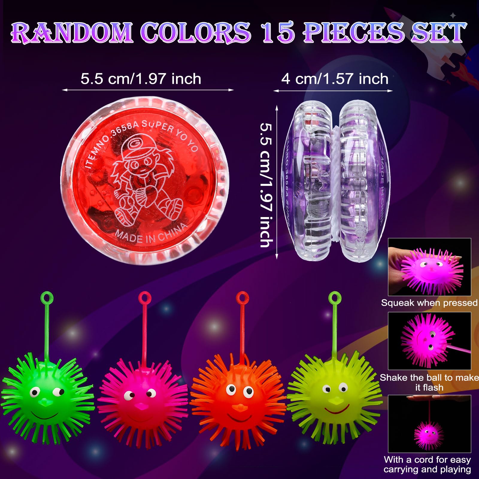 60 Pcs LED Light up Entertaining Responsive Ball Spinning Tops Bouncy Ball Kit 20 Pcs Light Up Yo-Yos 20 Pcs Plastic Gyroscope 20 Pcs Puffer Balls for Beginner Birthday Party (3.9 Inch,Stylish)
