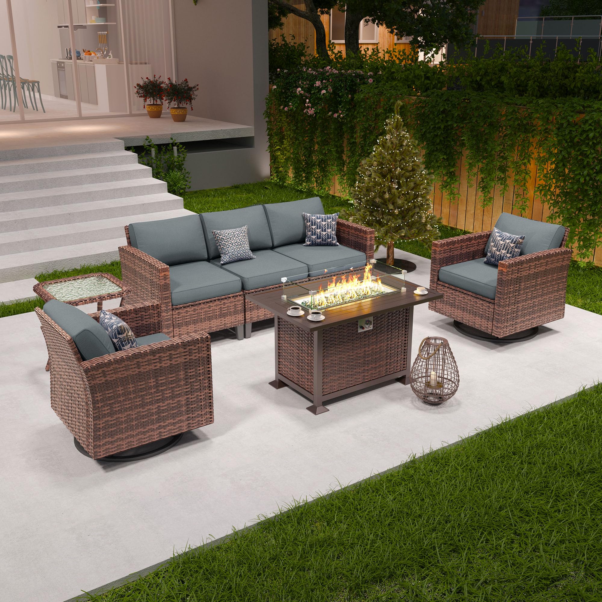Amopatio Patio Furniture Set with Fire Pit Table, Outdoor Furniture Sectional Sofa with Swivel Chairs, Modern Conversation Sets for Balcony Backyard, Grey(Include Waterproof Covers )