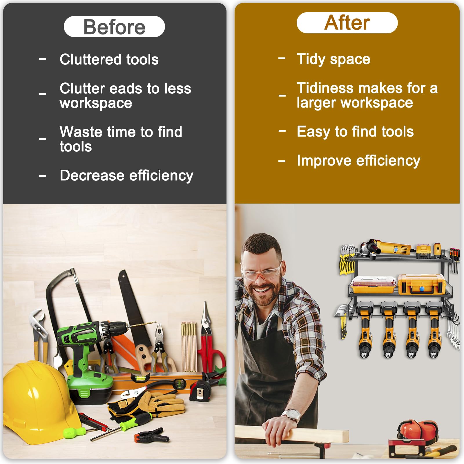 BNNMKL Power Tool Organizer Wall Mount, 3 Layers Cordless Drill Storage Rack, Super Large Storage Rack for Power Tool Drill, Screwdriver and Drill Holder Battery Rack or 4 Drill Holders