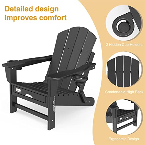 Mdeam Folding Adirondack Chair Lawn Outdoor Fire Pit Chairs Weather Resistant with 2 Cup Holder/Adirondack Retractable Ottoman(Black)