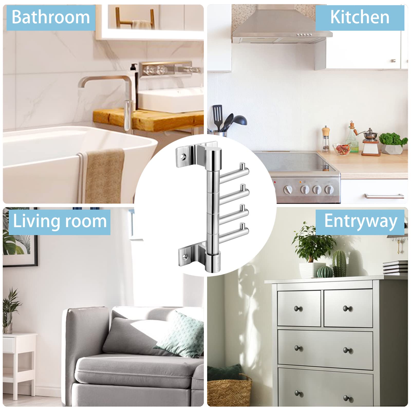 BAMTALK Swivel Towel Hooks Wall Coat Rack with 4 Swivel Arms, Towel Hooks for Bathrooms,Heavy Duty Wall Clothes Hooks, Swivel Coat Rack Hat Rack Wall Mount, Key Holder Hanger