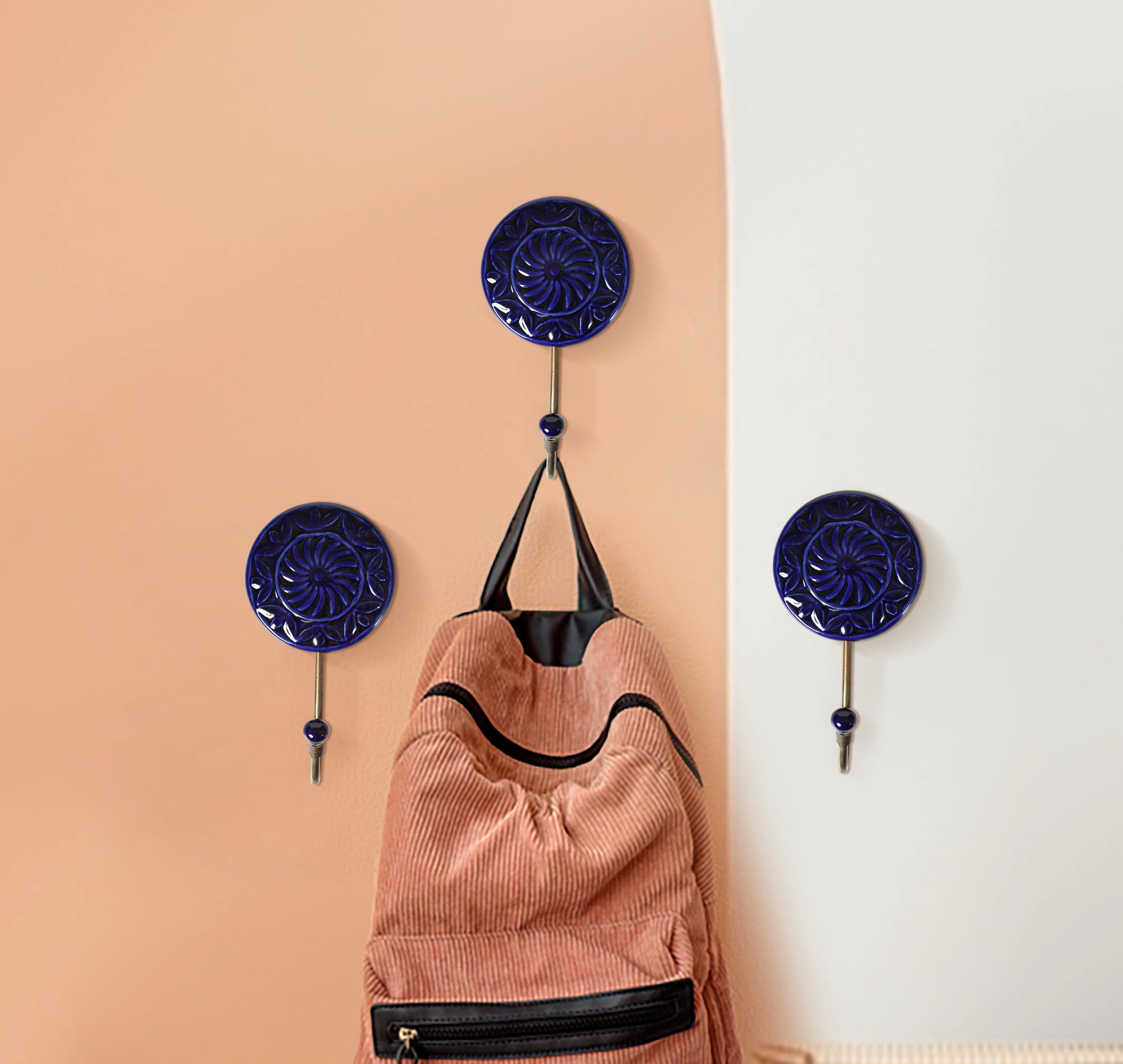 Alpha Living Home Set of 3 Ceramic Wall Coat Hooks, Round Decorative Robe Hook, Scarf, Bag, Towel, Hat etc for Kitchen Bathroom Office Farmhouse Wall Mounted Hanging - Antiue Royal Blue