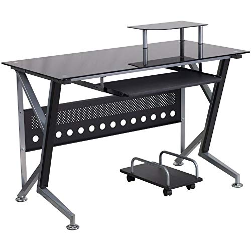 Flash Furniture Singleton Black Glass Computer Desk with Pull-Out Keyboard Tray and CPU Cart