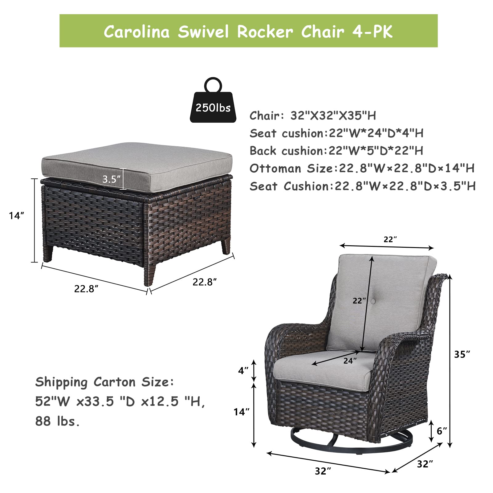 Rilyson Wicker Patio Furniture Set - 4 Piece Rattan Outdoor Patio Conversation Sets with 2 Swivel Rocking Chairs,2 Ottomans for Porch Deck Garden(Brown/Grey)