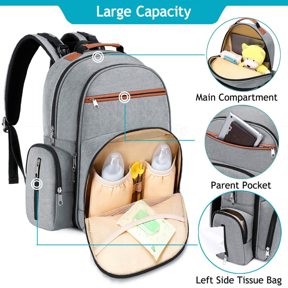 Abonnyc Diaper Bag Backpack Waterproof Diaper Backpack Nappy Tote Bags Large Capacity Fit Stroller,Unisex and Stylish,Gray