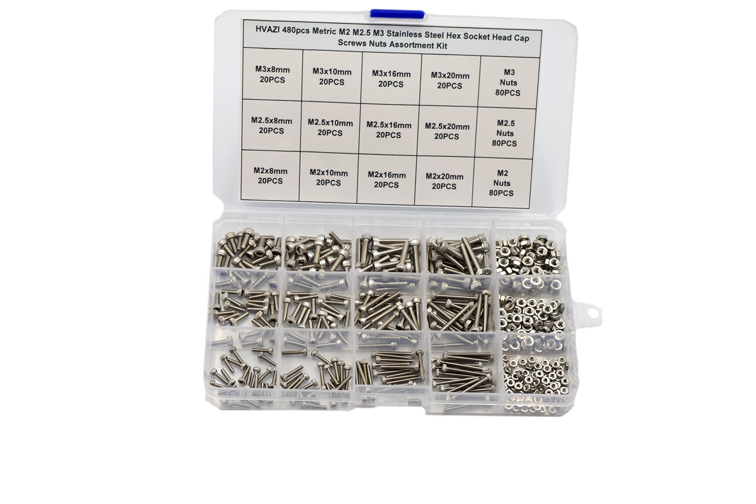 HVAZI 480pcs Metric M2 M2.5 M3 Stainless Steel Hex Socket Head Cap Screws Nuts Assortment Kit
