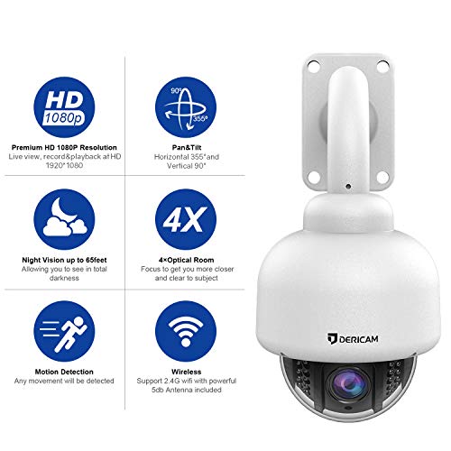 Dericam Outdoor PTZ WiFi Security Camera,1080P IP Surveillance CCTV Camera,Pan/Tilt/Zoom,4X Optical Zoom,Night Vision,Motion Detect,IP65 Weatherproof Pre-Instal 32G SD Card, White