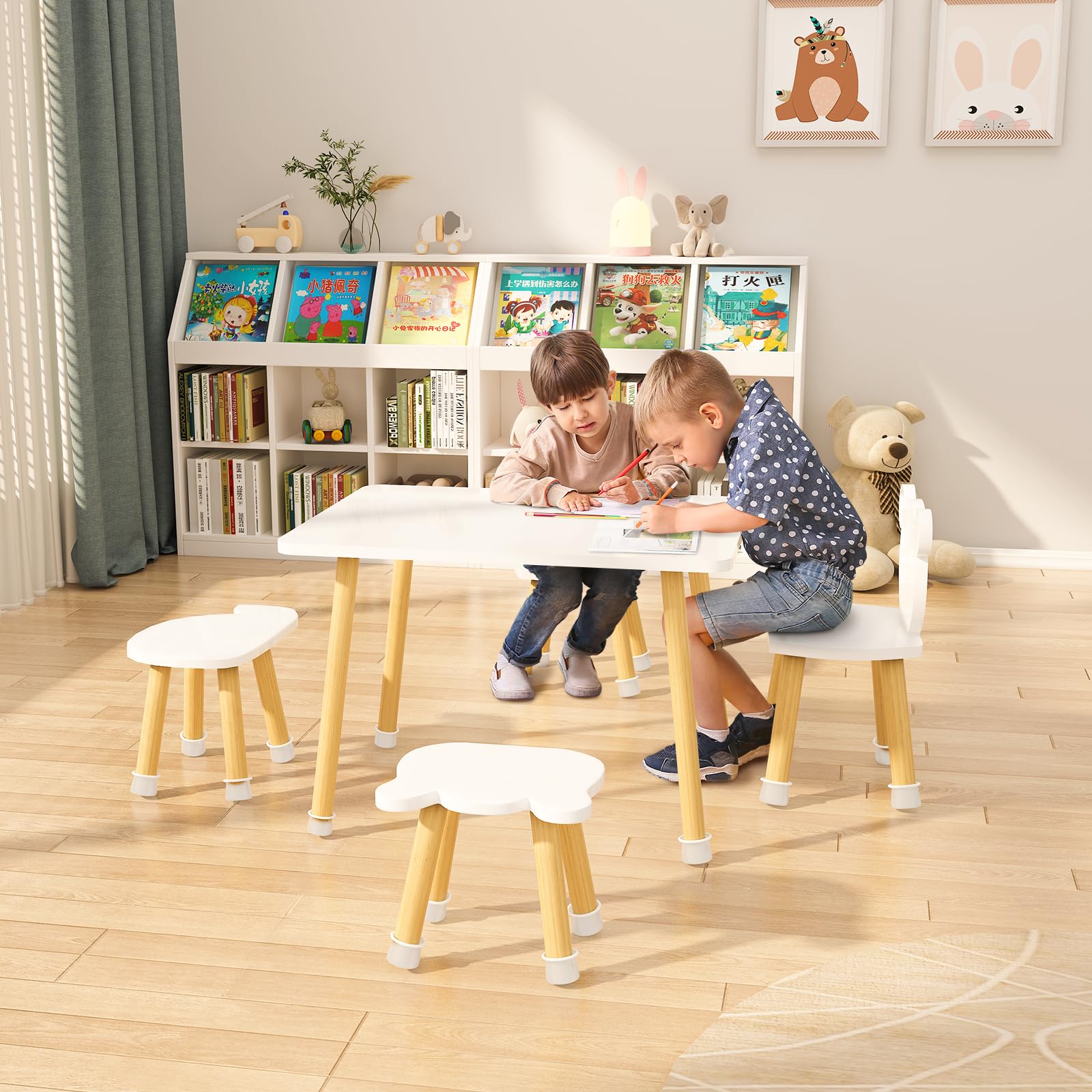 BanaSuper Table & Chair Set - Wooden Weaning Table with 4 Animal-Themed Chairs for Arts & Crafts, Snack Time, and Homework, Ideal for Learning & Development Furniture (White)