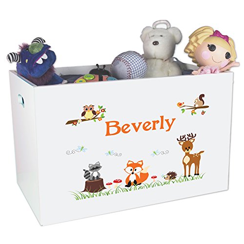 My Bambino Personalized Woodland Animals Toy Box for Children Custom White Wooden Forest Theme for Kids Bin Child Safe with No Lid Storage Playroom Nursery Kids