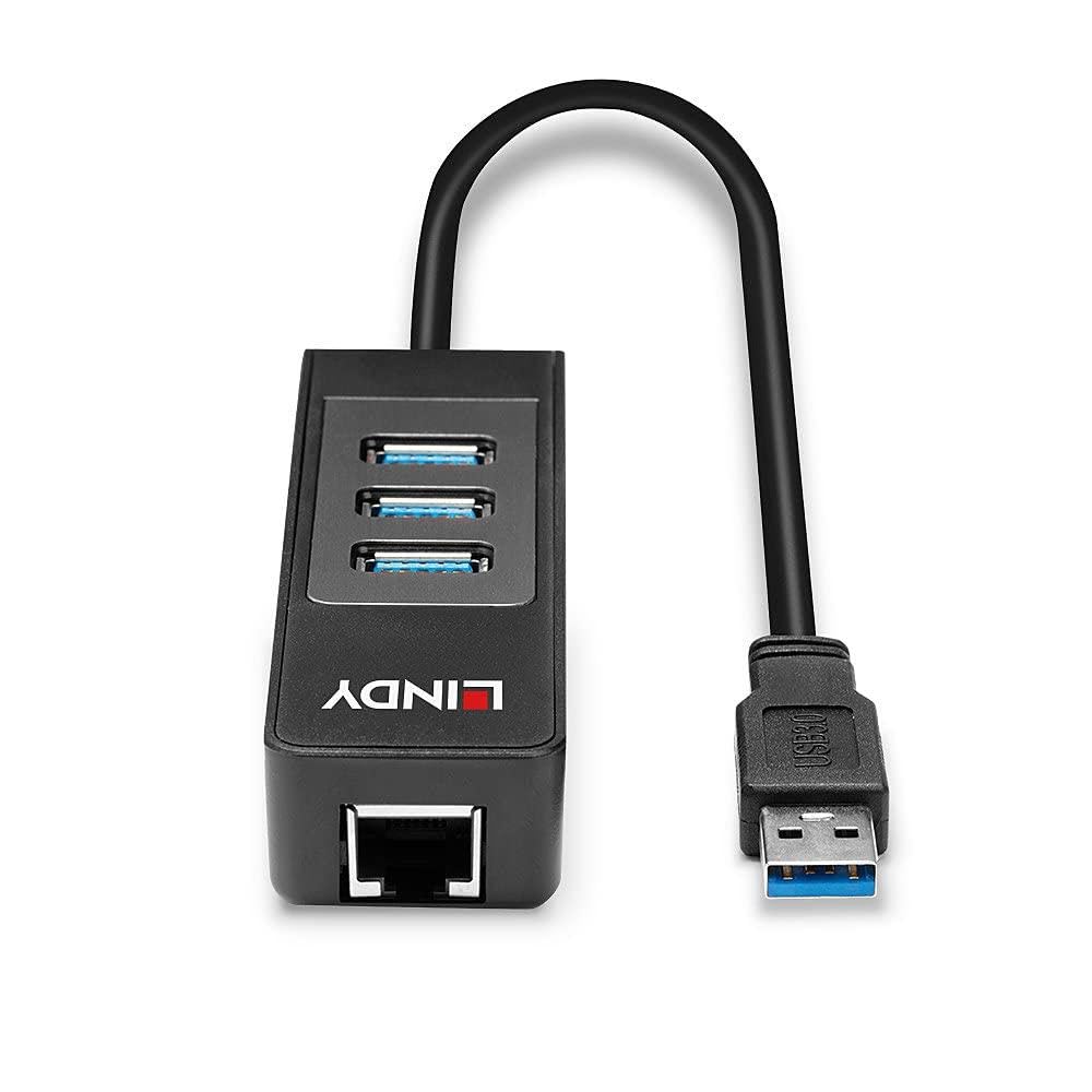 LINDY USB 3.1 Type A to Gigabit LAN 3 Port Type A Hub Adapter for Ultrabook and Tablet, Black