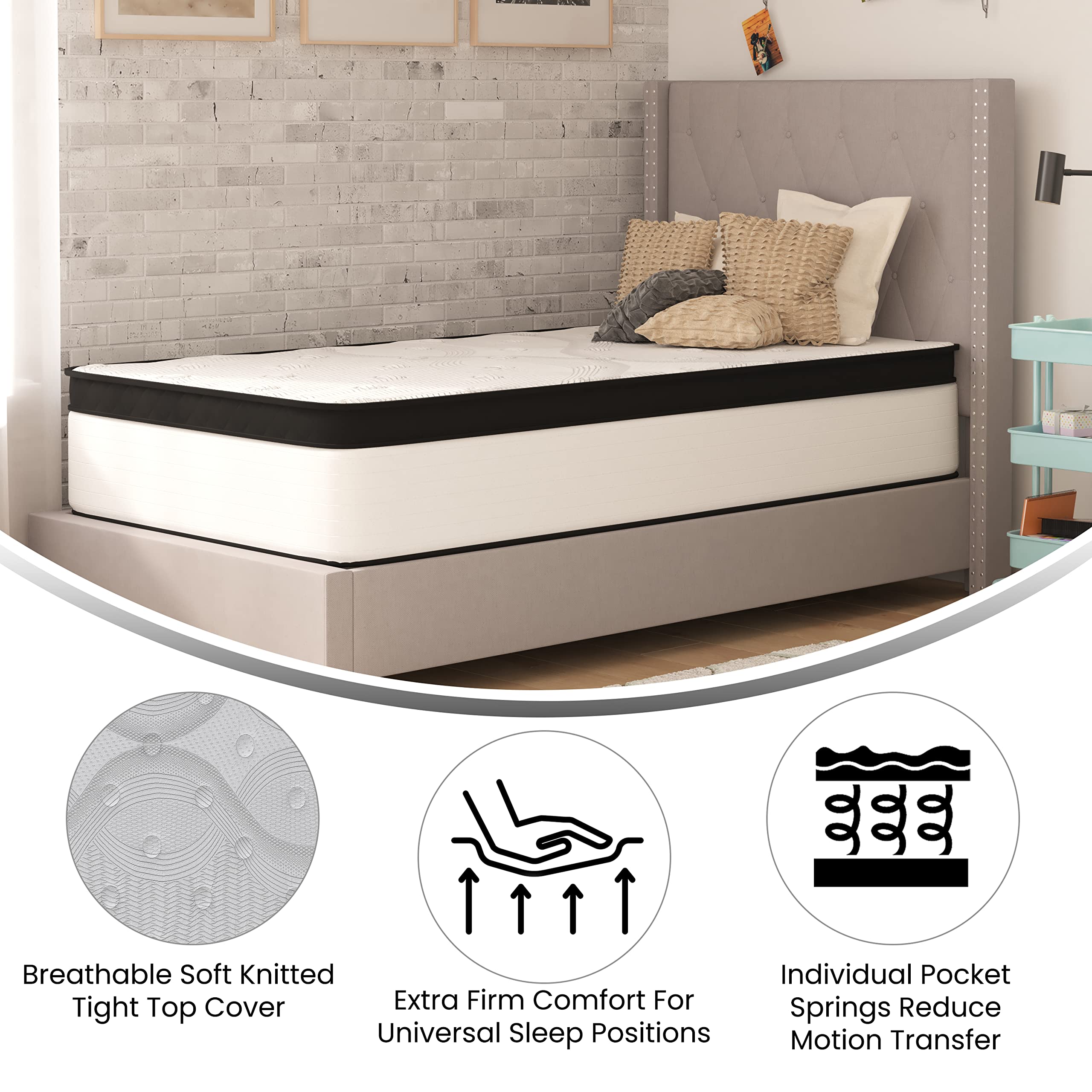 EMMA + OLIVER Astor 12" Hybrid Mattress in a Box - Twin - Pocket Spring Core - CertiPUR-US Certified High Density Foam - Knit Fabric Top - Extra Firm Support