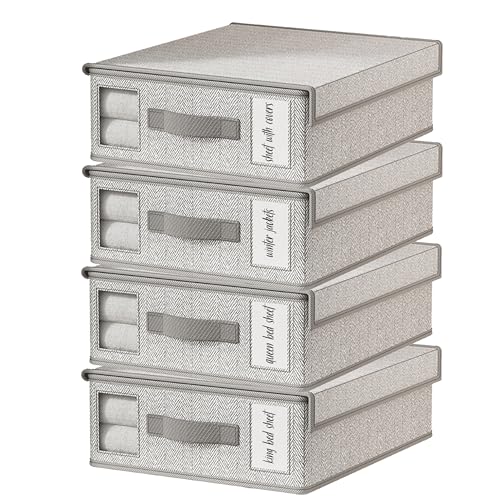ARTIFICAY 4 Pack Bed Sheet Organizers and Storage, Foldable Sheet Organizer for Linen Closet, Sheets Set Folder Keeper with Window XL (Queen & King Size) (Gray Arrow, Pack of 4)