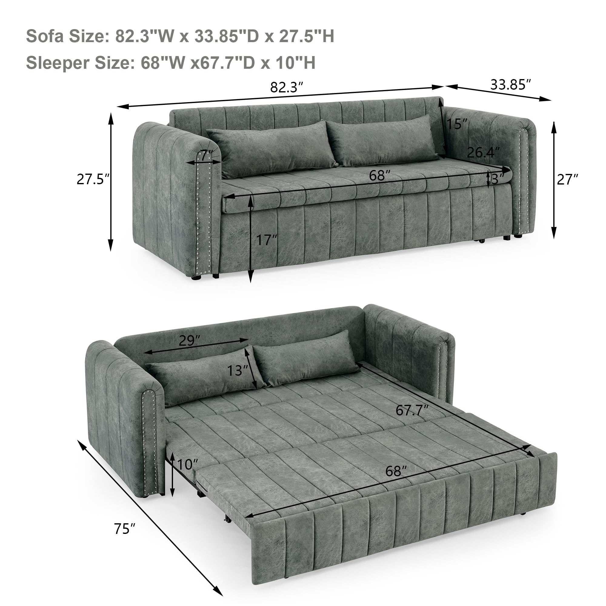 CALABASH 82.3" Queen Pull Out Couch Bed, 3 in 1 Convertible Sleeper Sofa Bed, Velvet 3-Seater Pullout Couch with 2 Storage Drawers for Living Room, Apartment, Small Space (Grey)