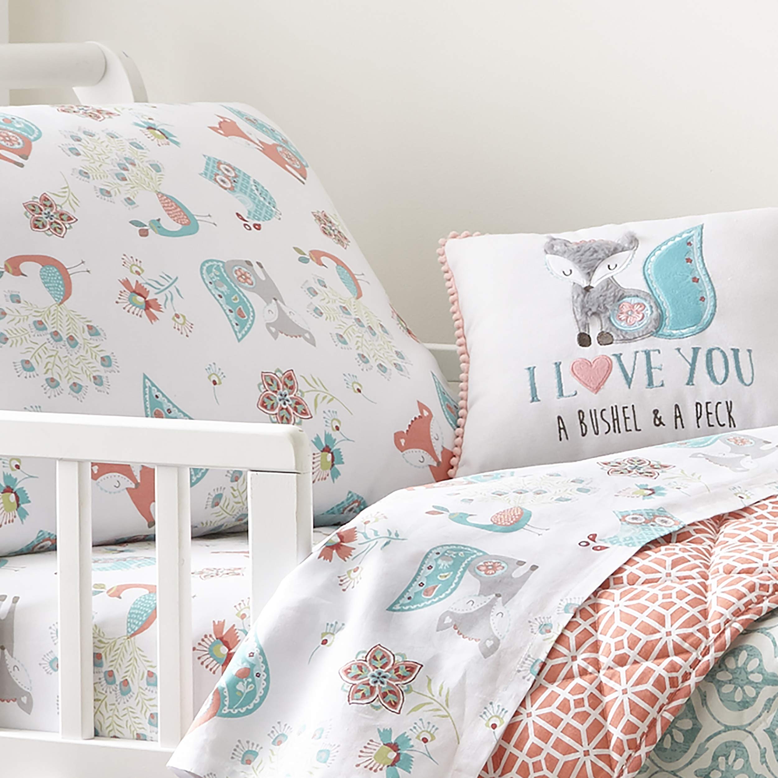 Levtex Baby - Fiona Toddler Bed Set - Pink, Aqua, White - Woodland Forest Theme - 5 Piece Set Includes Reversible Quilt, Fitted Sheet, Flat Sheet, Pillow Case, Decorative Pilow