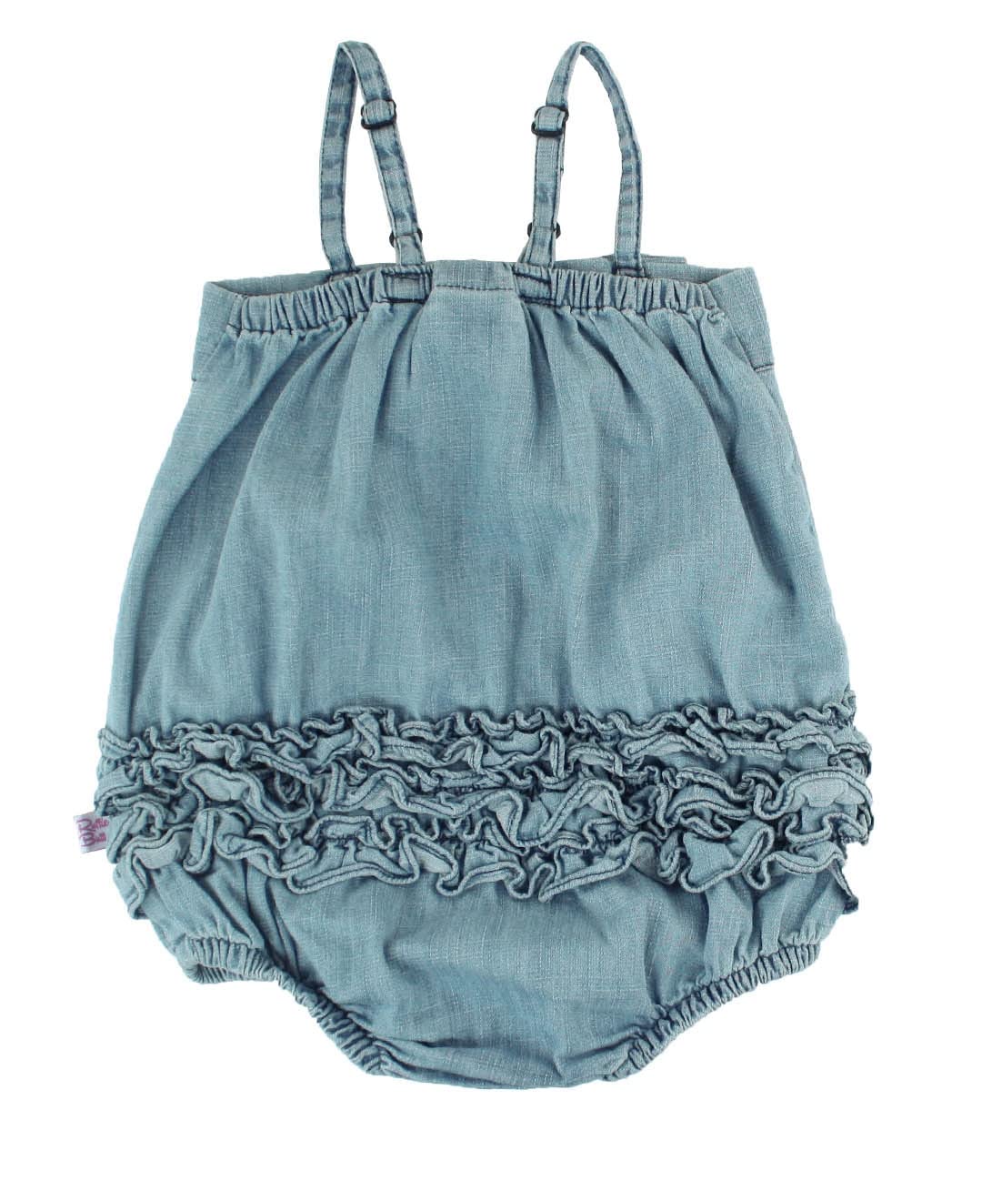 RuffleButts® Baby/Toddler Girls Light Wash Denim Bow-Front Bubble Romper - 3-6m