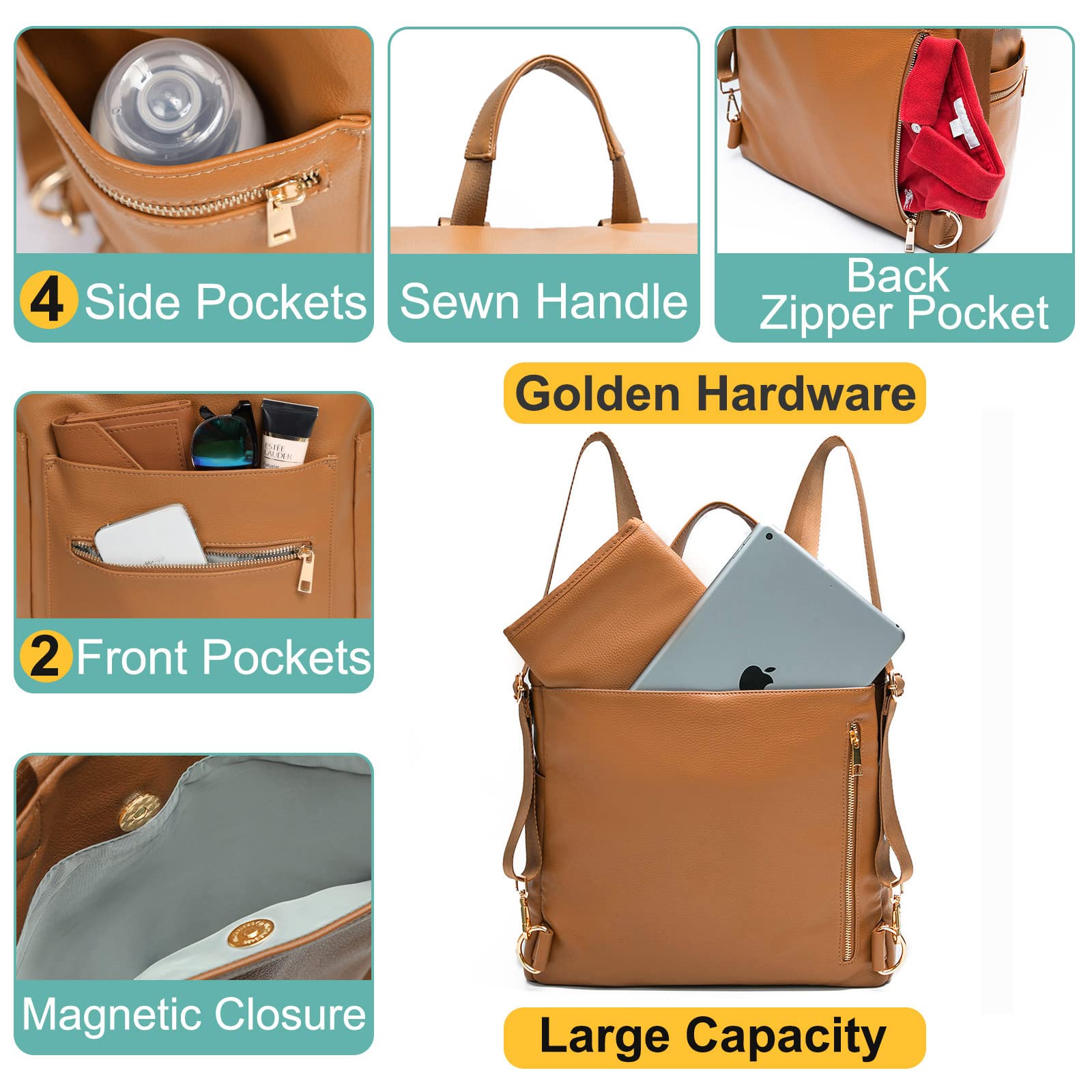 Diaper bag, Leather Diaper Bag Backpack by MF Store, Diaper Backpack with Laptop Sleeve,Changing Pad,Wipes Pouch,Stroller Straps and Insulated Pockets, Brown, 13x7x12 Inch