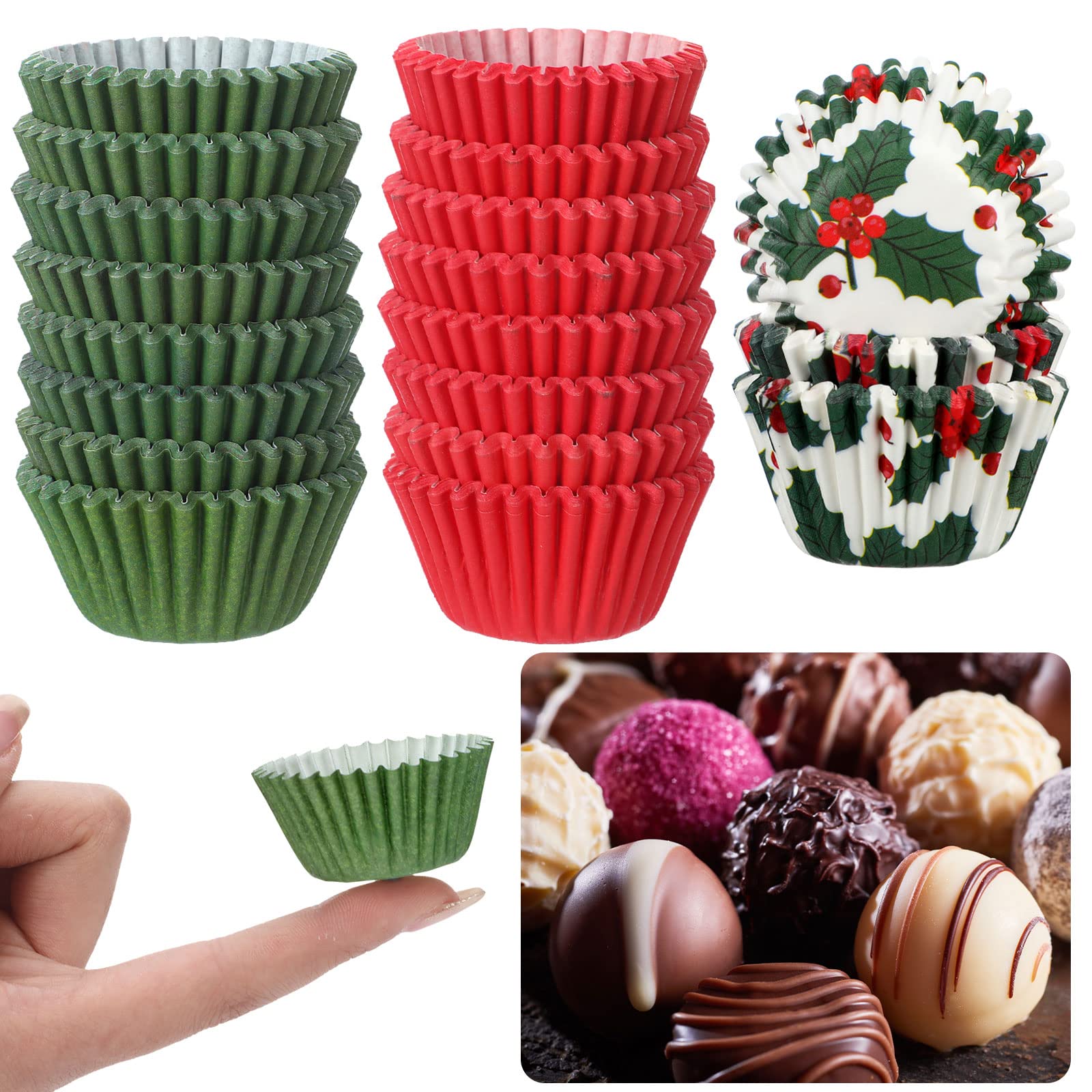 600 Pcs Christmas Cupcake Liners Mini Muffin Liners Paper Candy Cups 1.3 Inch Holly Print Baking Cups Small Xmas Cupcake Wrappers Cupcake Liners for Baking Truffles Chocolates Making (Elegant Style)