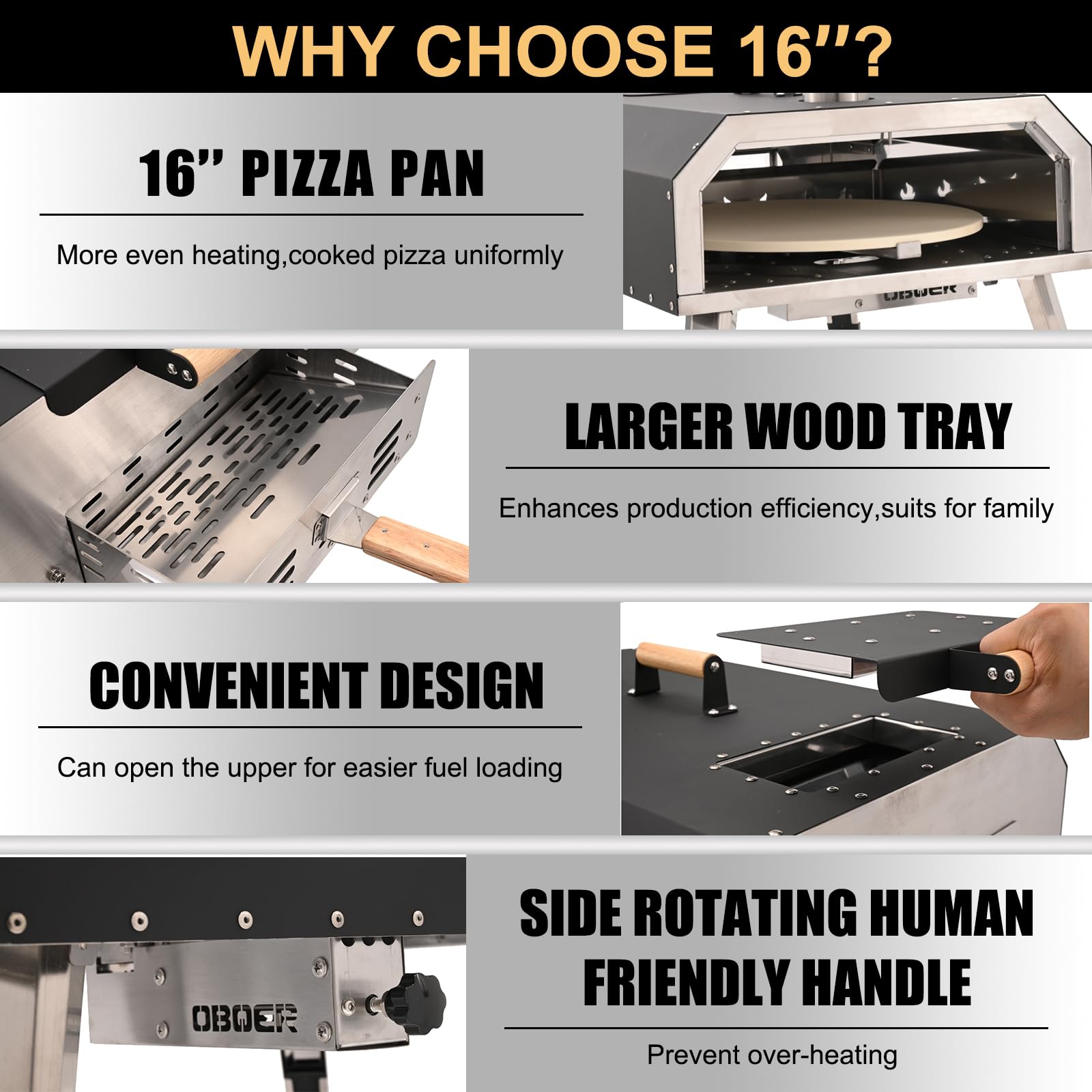ABORON Pizza Oven Outdoor,16" Multi-Fuel Rotatable Pizza Ovens,Portable Wood Fired and Gas Pizza Oven,Stainless Steel 3-Layer Oven,Pizza Maker with Built-in Thermometer,Pizza Cutter & Carry Bag