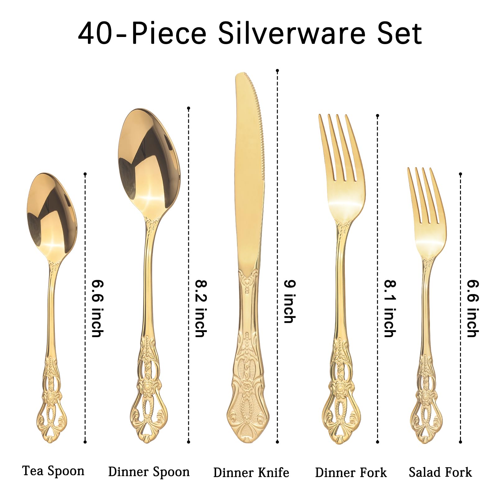 Retro Royal Gold Silverware Set With Gift Box For 8 Cutlery Set Utensils Stainless Steel Flatware 40 Pieces MIKIWAY Kitchen Tableware Set For Gifts Festive, Dishwasher Safe, Mirror Polishing