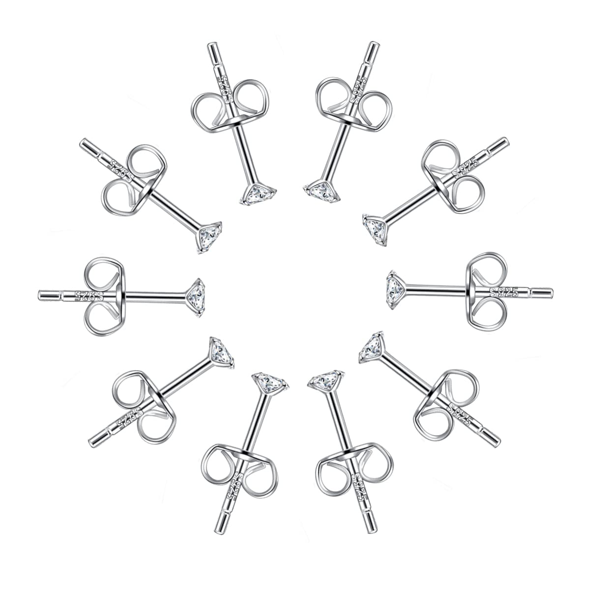 925 Sterling Silver Tiny 2mm Stud Earrings for Women: 5 Pairs Cartilage Helix Hypoallergenic Stud Earrings Clear Round CZ Stud Earrings Set for Women Multiple Piercing