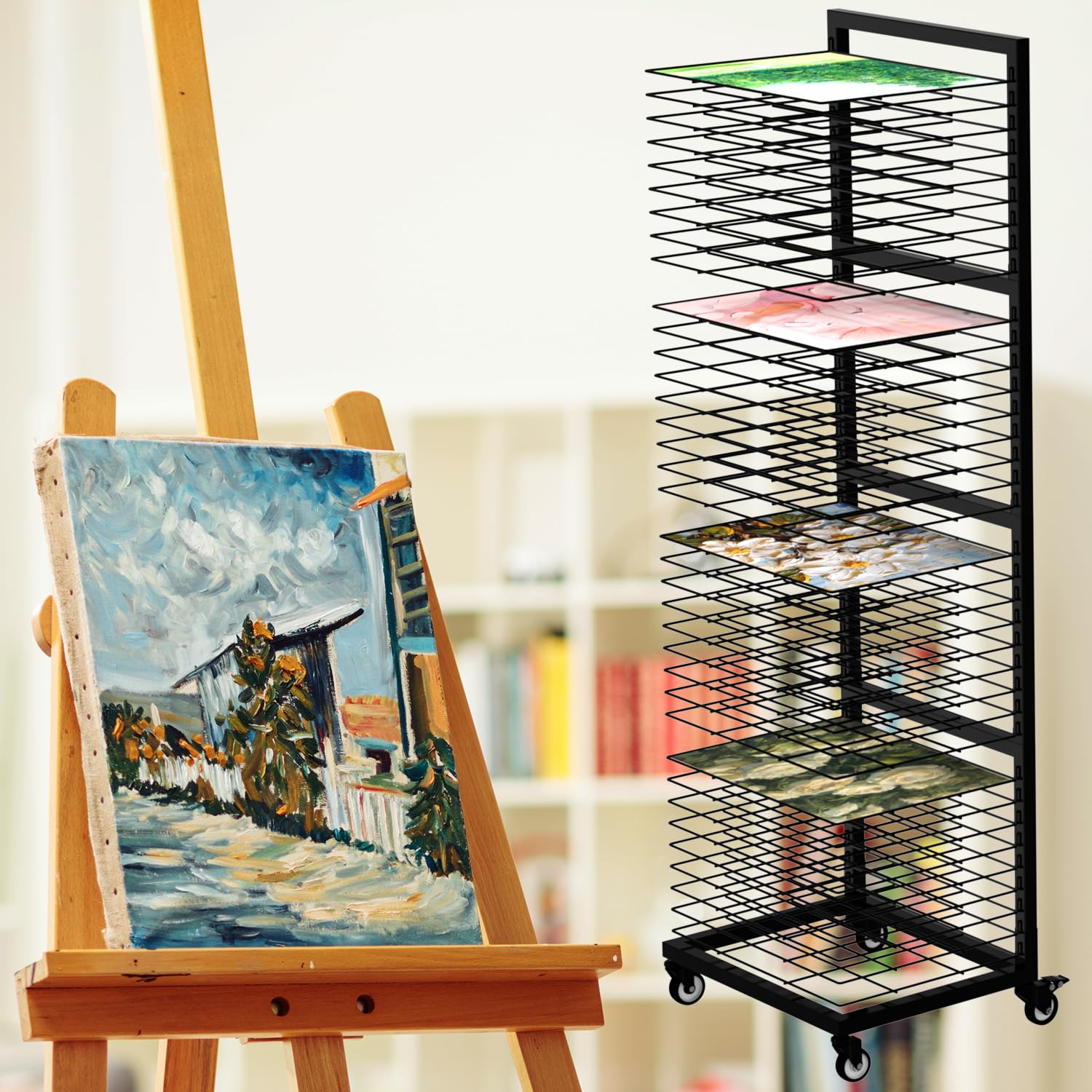 Tredre 36-Shelf Art Drying Rack with Lockable Wheels, Painting Drying Rack for Classroom, Art Studio, Canvas Rack Art Storage - Sturdy Steel Construction - 13 3/4" D x 17 1/2" W x 55 1/2" H, Black