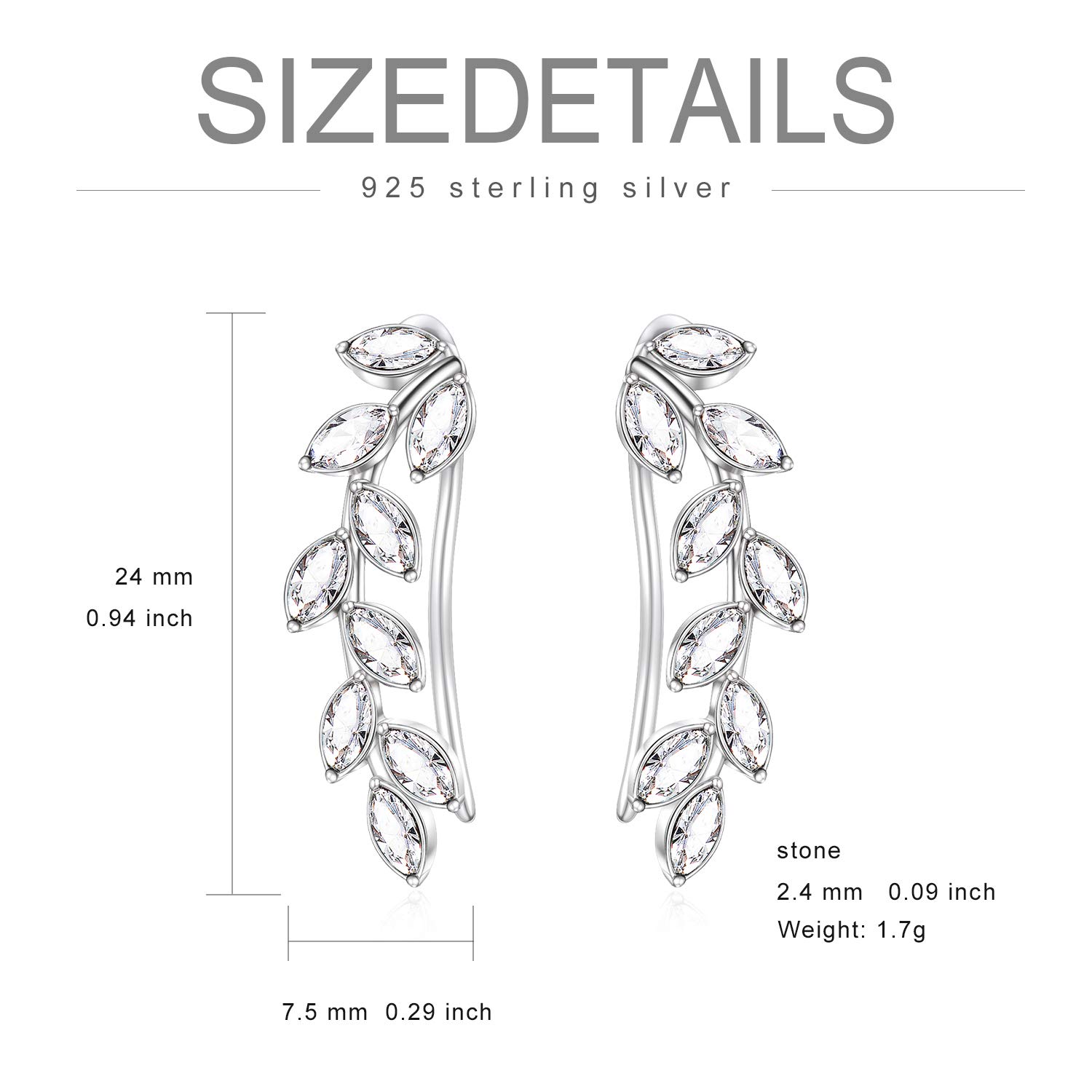 925 Sterling Silver Leaf Earring Ear Crawlers Earrings with Simulated Emerald Green Birthstone Crystals Climber Earrings Jewelry Gift for Her