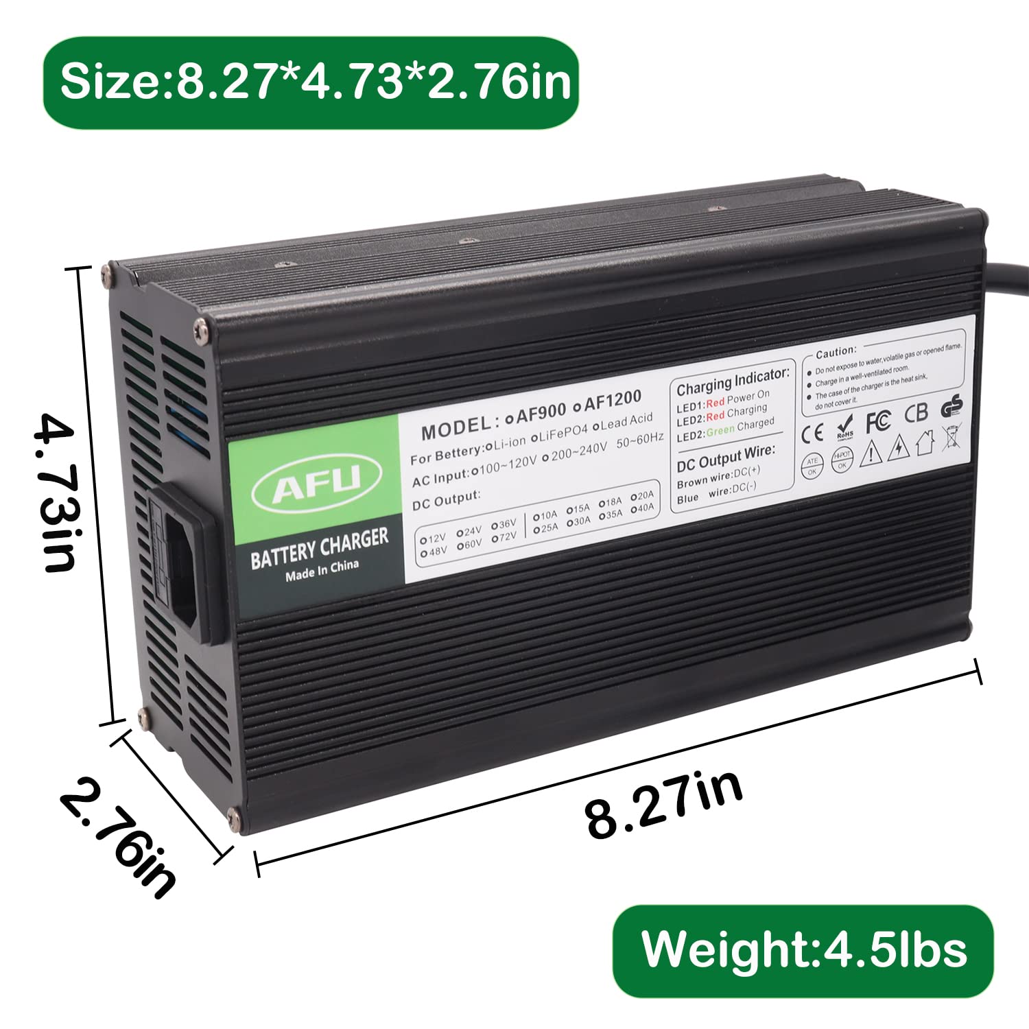 84V 10A Li-ion Battery Charger Black Aluminum Case Safe and Durable Used for 20S 72V Lithium Battery Smart Charger DC Output XT60 Male Connector