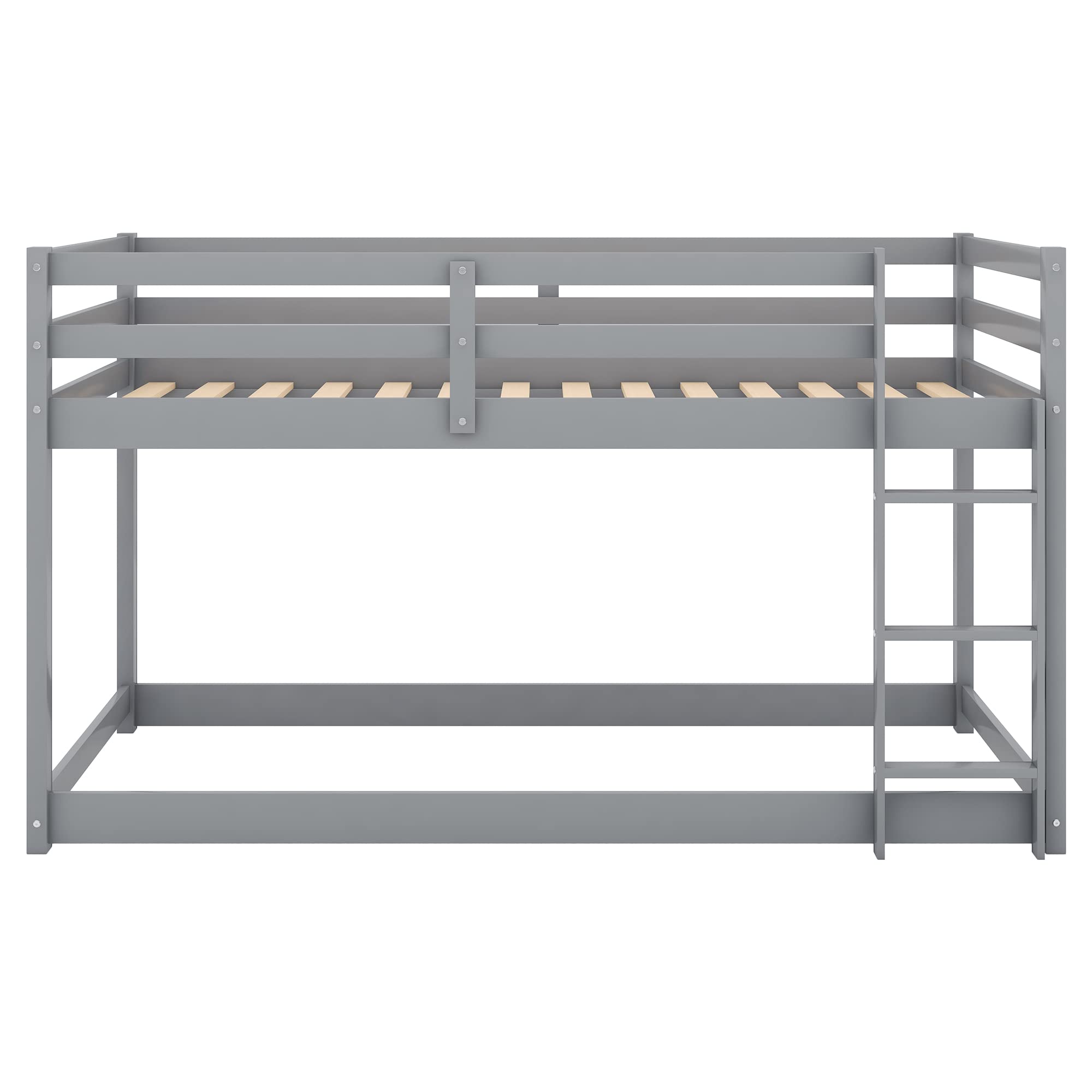Harper & Bright Designs Low Bunk Bed Twin Over Twin, Wood Twin Kids Bunk Bed with Ladder, Floor Bunk Bed Frame for Boys, Girls, No Box Spring Needed, Easy Assembly, Grey