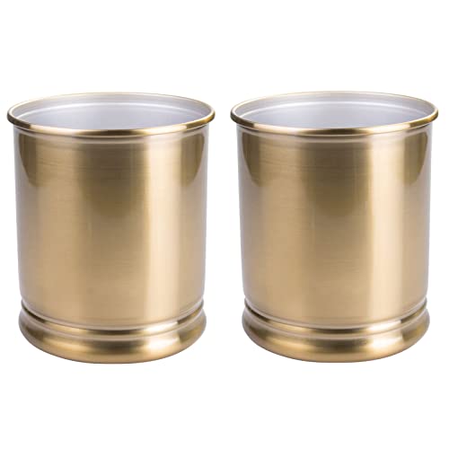mDesign Steel Stylish Round Trash Can, Wastebasket Storage Container Bin - for Bathroom, Bedroom, Powder Room, Kitchen, Home Office - Holds Garbage, Waste, Trash - 2 Pack - Soft Brass