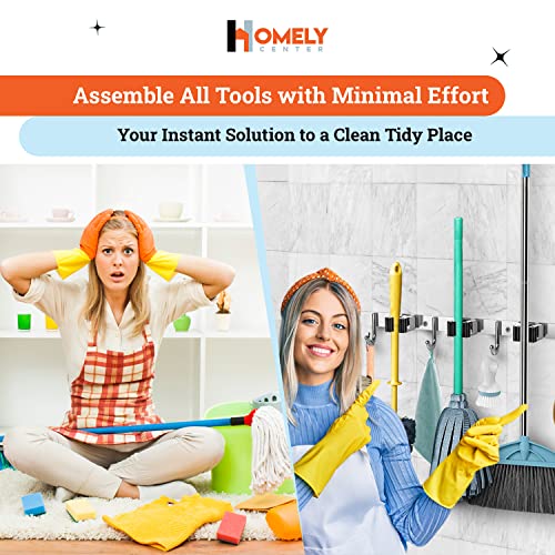 Homely Center Mop and Broom Holder Wall Mount β Heavy-Duty Broom Closet Organizer for Garage, Kitchen, Laundry Organization β Broom and Mop Holder β Tool Hanger with 3 broom racks and 4 broom hooks