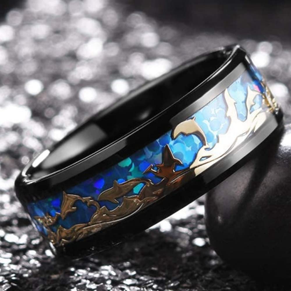 8mm Stainless Steel Ocean Wave Dolphin Style Wedding Band Summer Holiday Ring (Black Blue, 9)