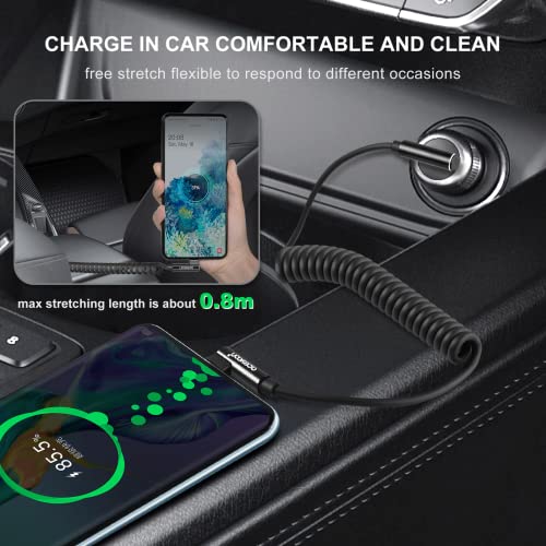 aceyoon [1-2.5ft] USB to USB C Cable, Type C Fast Charging Cable QC 3.0, Coiled Retractable 90 Degree Right Angled, Short Android Auto USB C Charging Cable, (3A 60W)