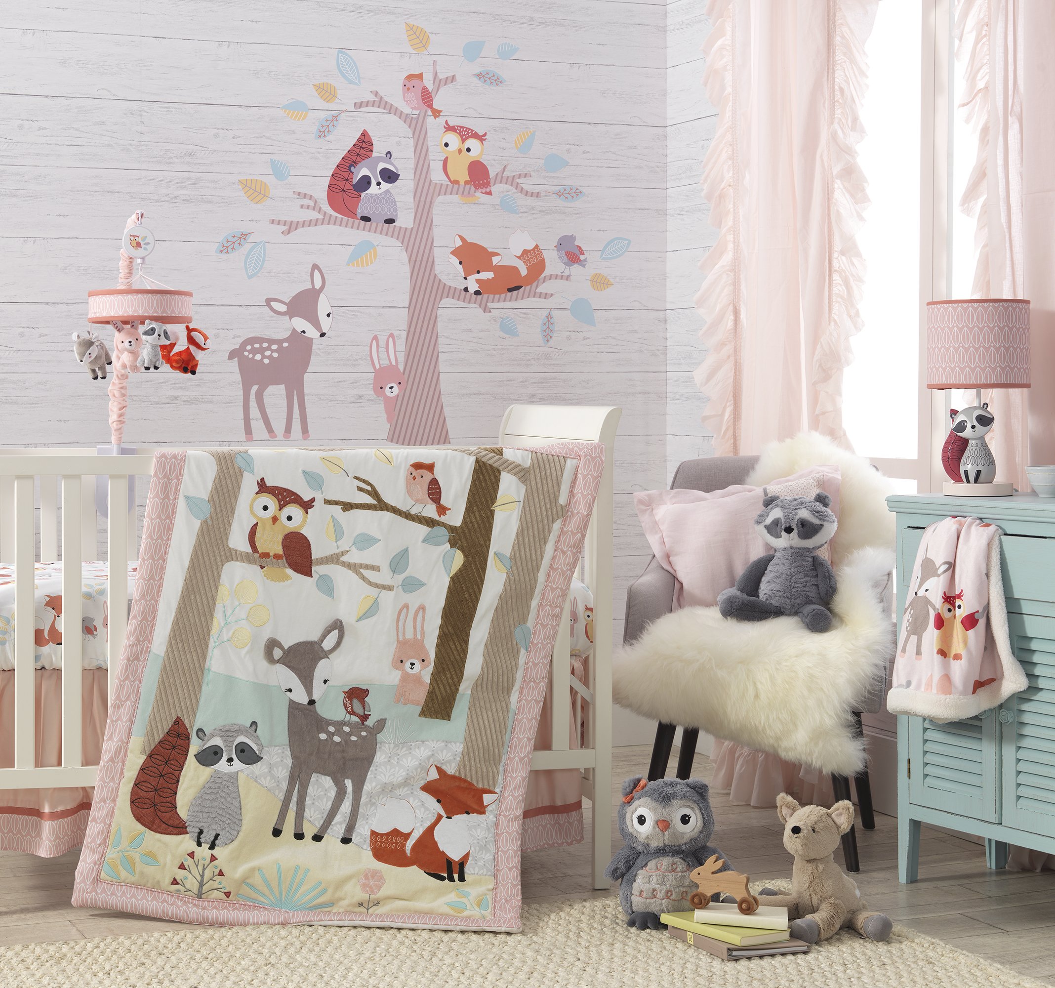 Lambs & Ivy Little Woodland Forest Animals 4 Piece Crib Bedding Set, Pink/White