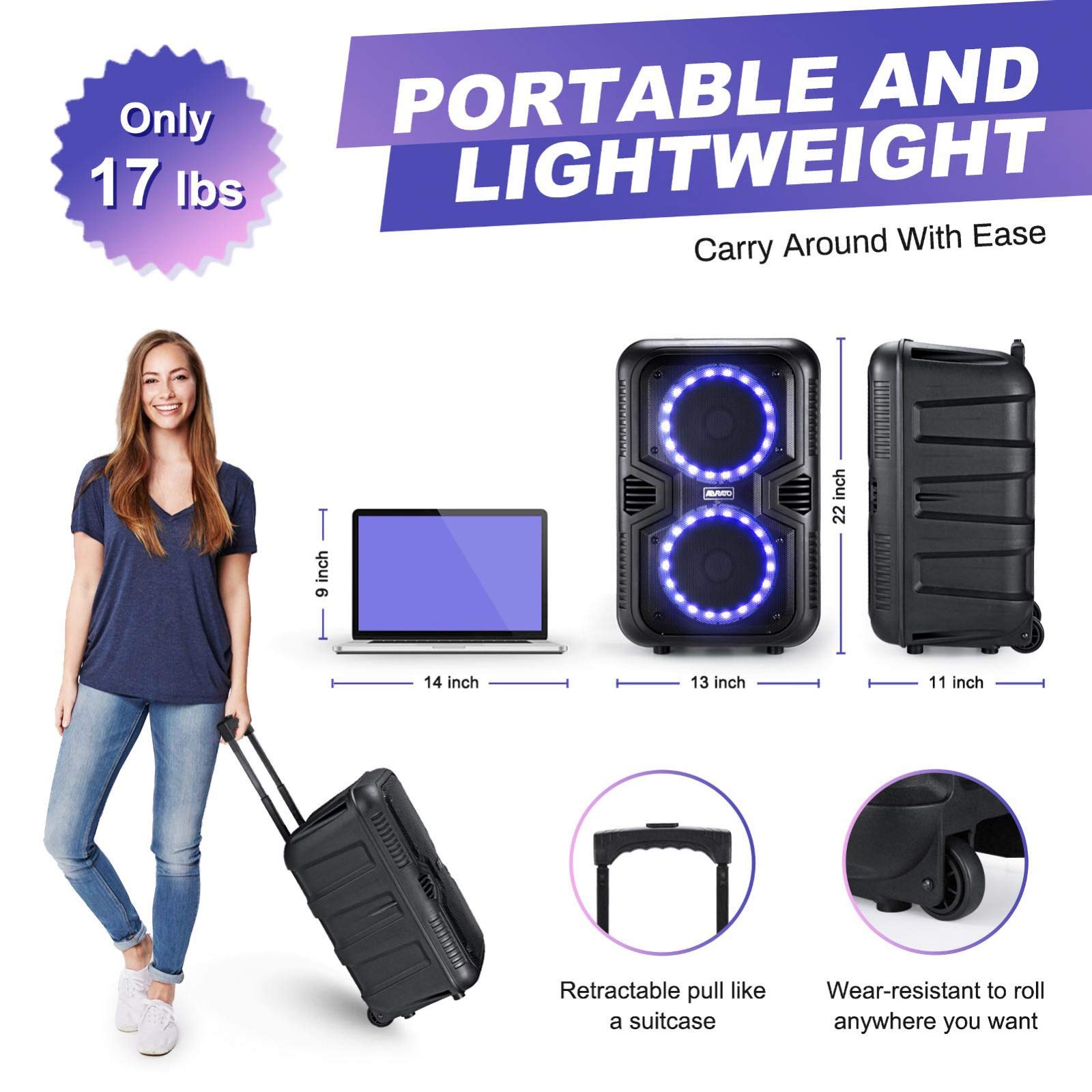 ABRATO Karaoke Machine for Adults & Kids β Bluetooth Speakers with Dual 8" Subwoofer & DJ Lights β Bonus 2 Wireless Microphones - Ideal for Home Party Camping Singing