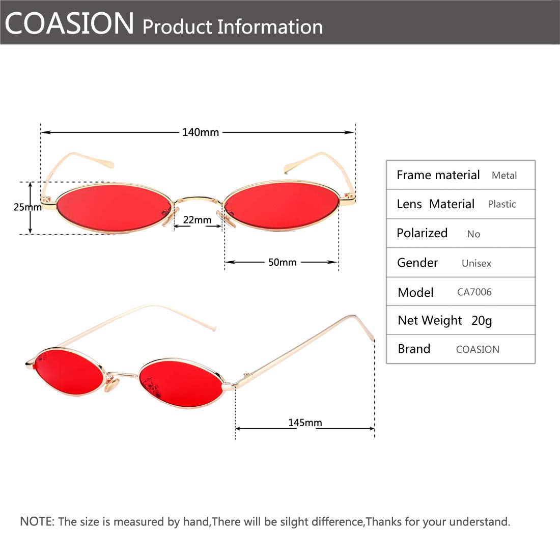COASION Vintage Small Oval Aesthetic Sunglasses Retro for Women Men Hippie Cool Metal Frame Sun Glasses (Gold Frame/Red Lens)