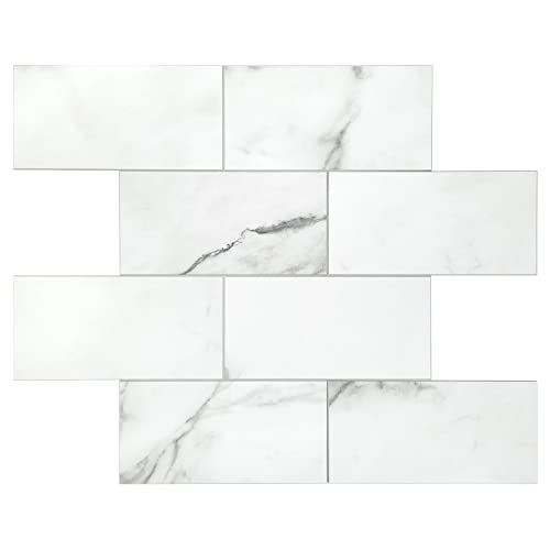 The Tiles Plaza Subway Backsplash Tile Peel and Stick, White Stone Self Adhesive Tiles, Stick on Marble Wall Tile for Kitchen, Bathroom, Fireplace. 12 x 12 Inch 10 Sheets