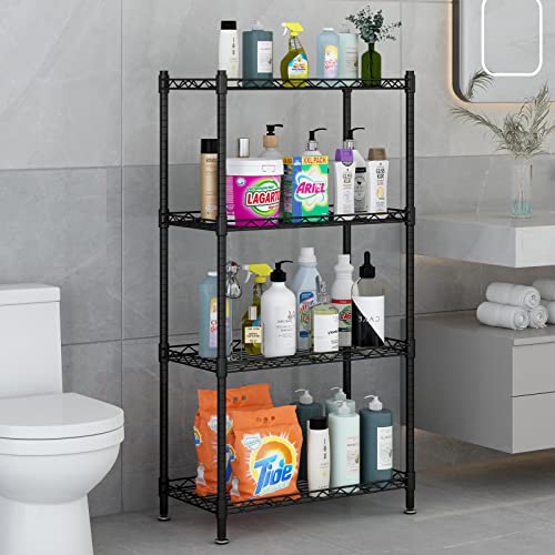SORCEDAS Shelve 4 Tier Adjustable Utility Metal Storage Wire Rack Unit for Home Kitchen Garage Bathroom Office Indoor Black (Black, 4 Tier-Adjustable Feets)